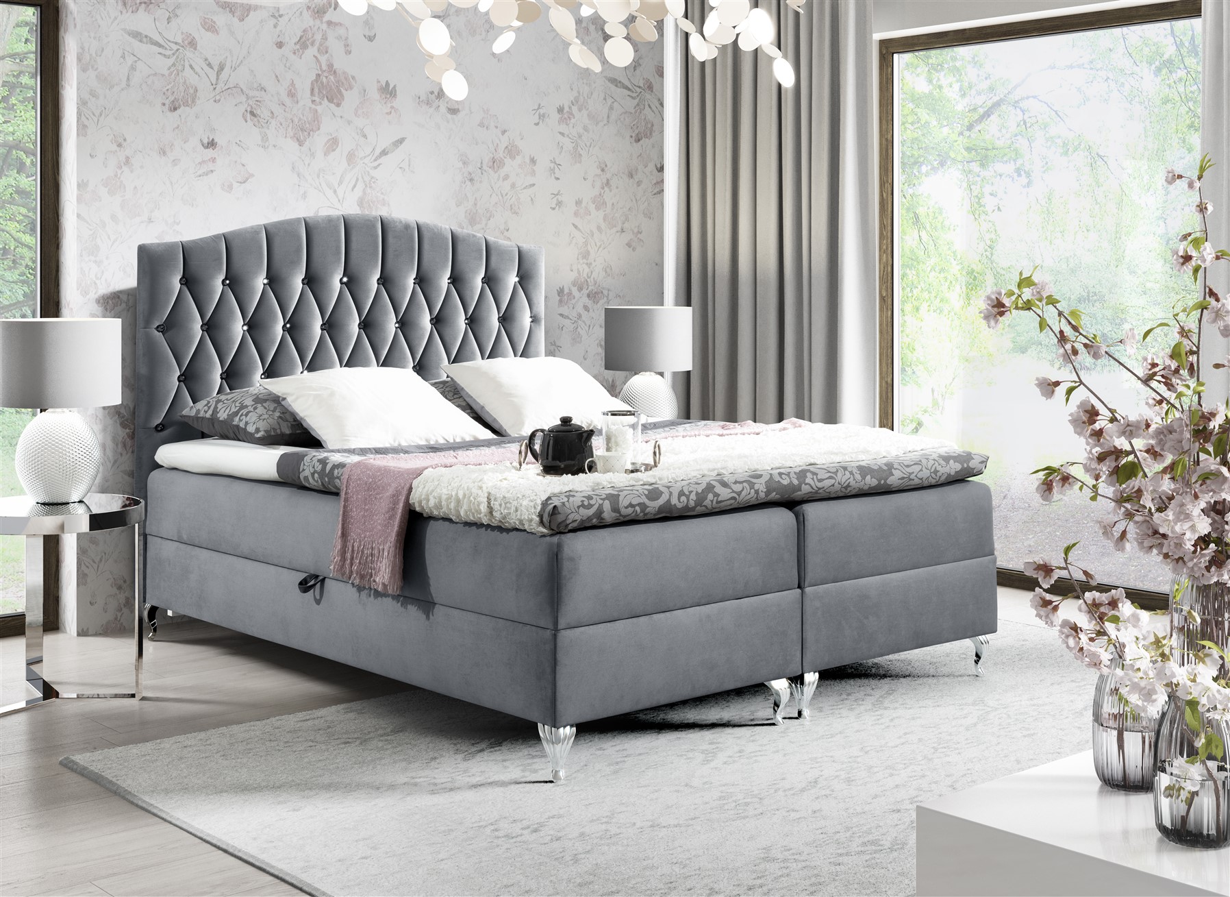 Boxspringbett Schlafzimmerbett DEVRAN 140x200cm Stoff Fresh Grau ...
