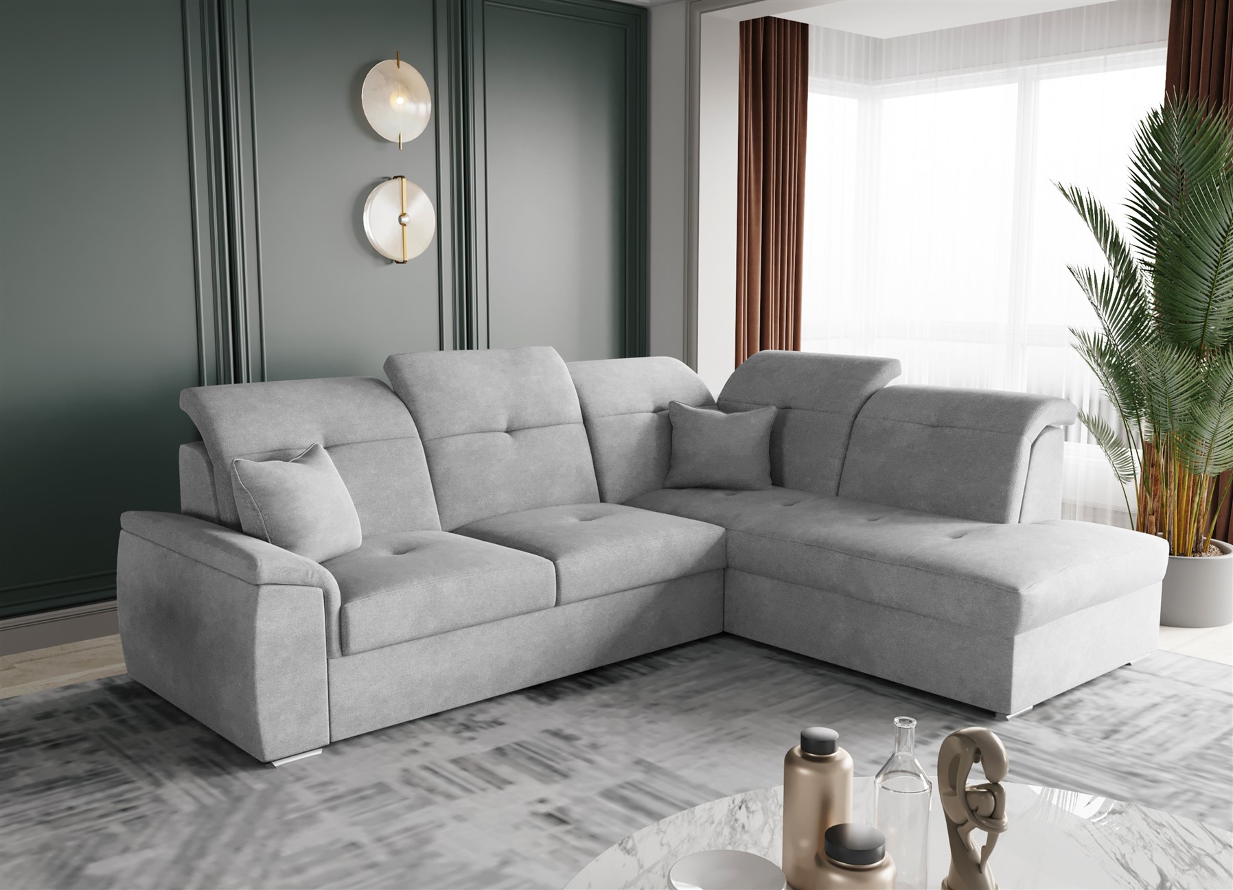 Ecksofa Schlafsofa Sofa FREJA Stoff Brooklyn Hellgrau Ottomane Rechts | Ottomane: Rechts ...