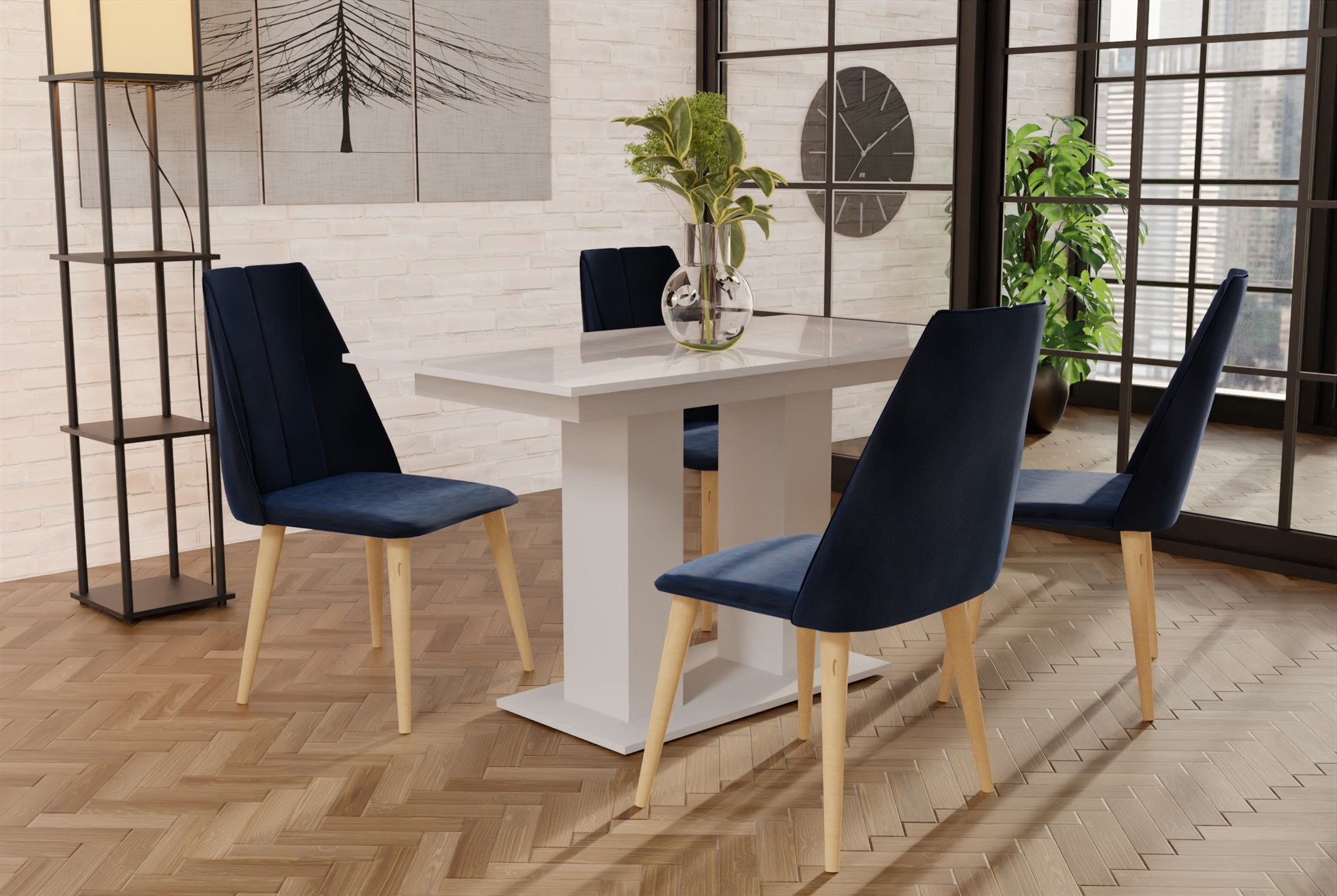 Essgruppe Weiss HGL-Tisch mit 4 Dunkelblau CAROS Stühlen für Esszimmer ...
