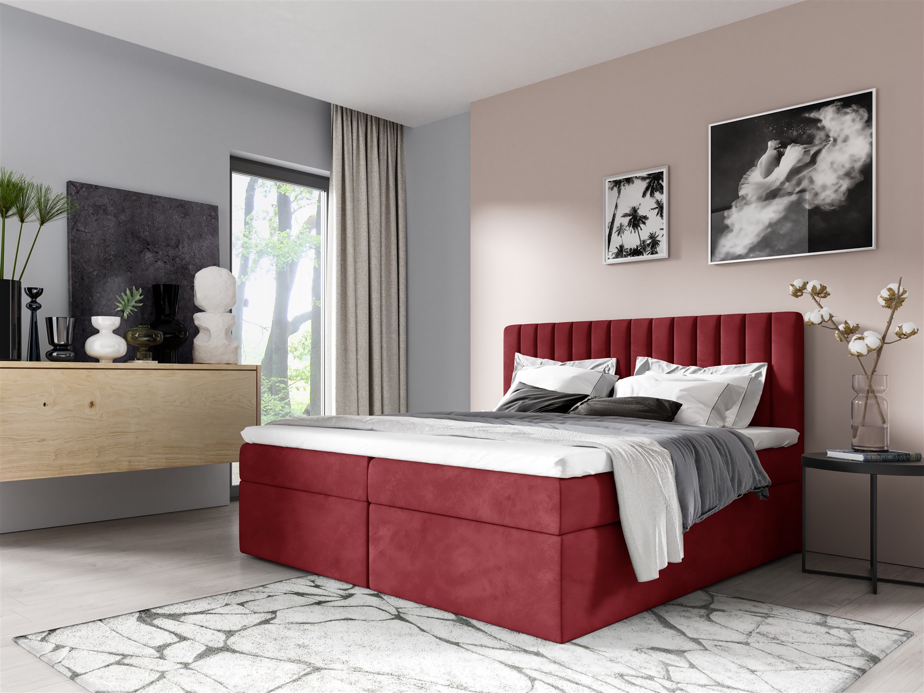Boxspringbett Schlafzimmerbett LINNEA 140x200cm Stoff Rot inkl ...