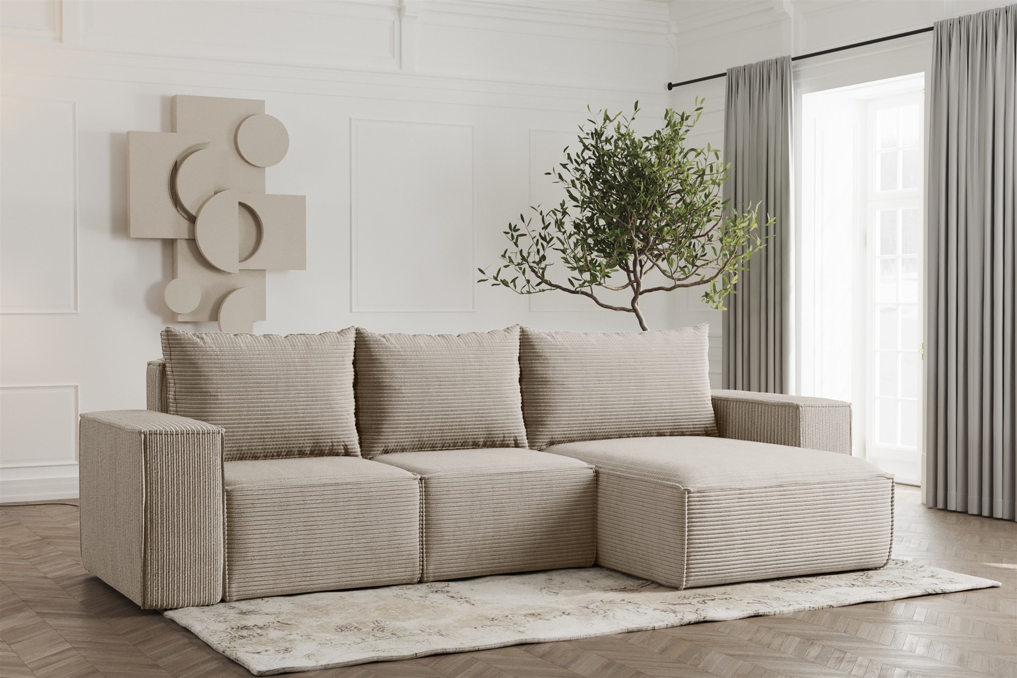 Ecksofa Designersofa ESTELLE in Stoff Poso Beige Ottomane Rechts ...