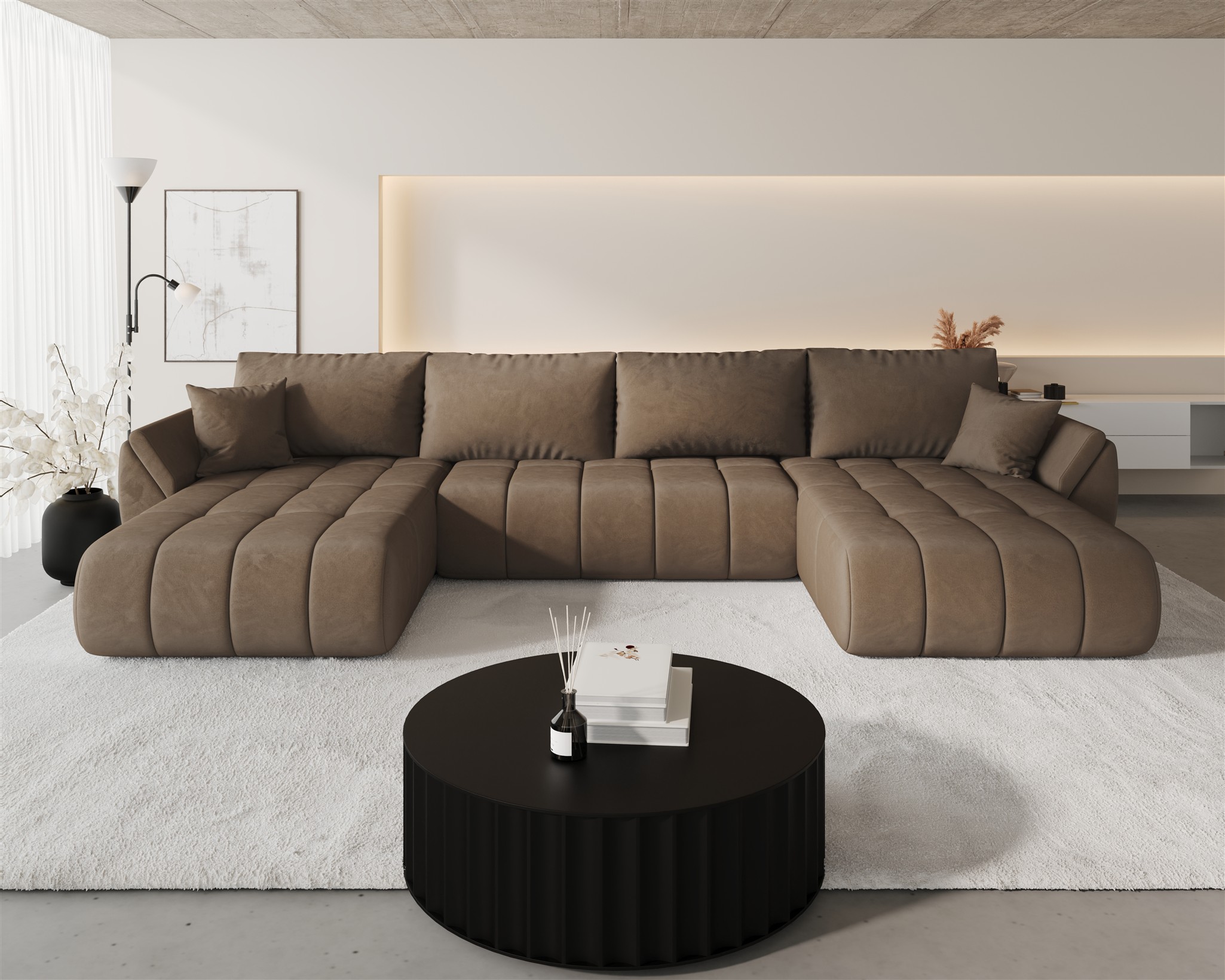 Wohnlandschaft Sofa mit Schlaffunktion MISATO Stoff Monolith Braun ...