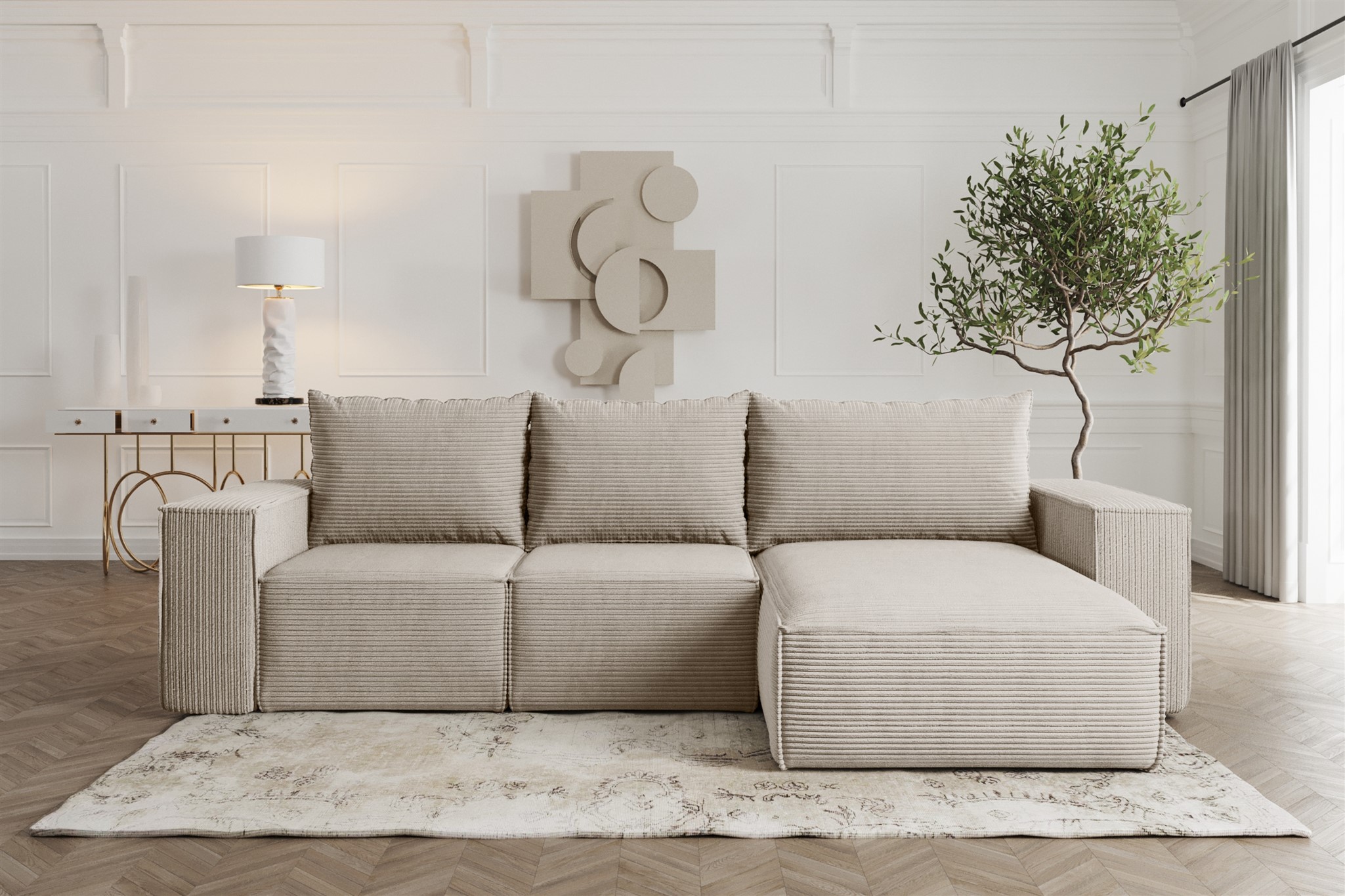 Ecksofa Sofa mit Schlaffunktion ESTELLE in Stoff Poso Beige Ottomane ...