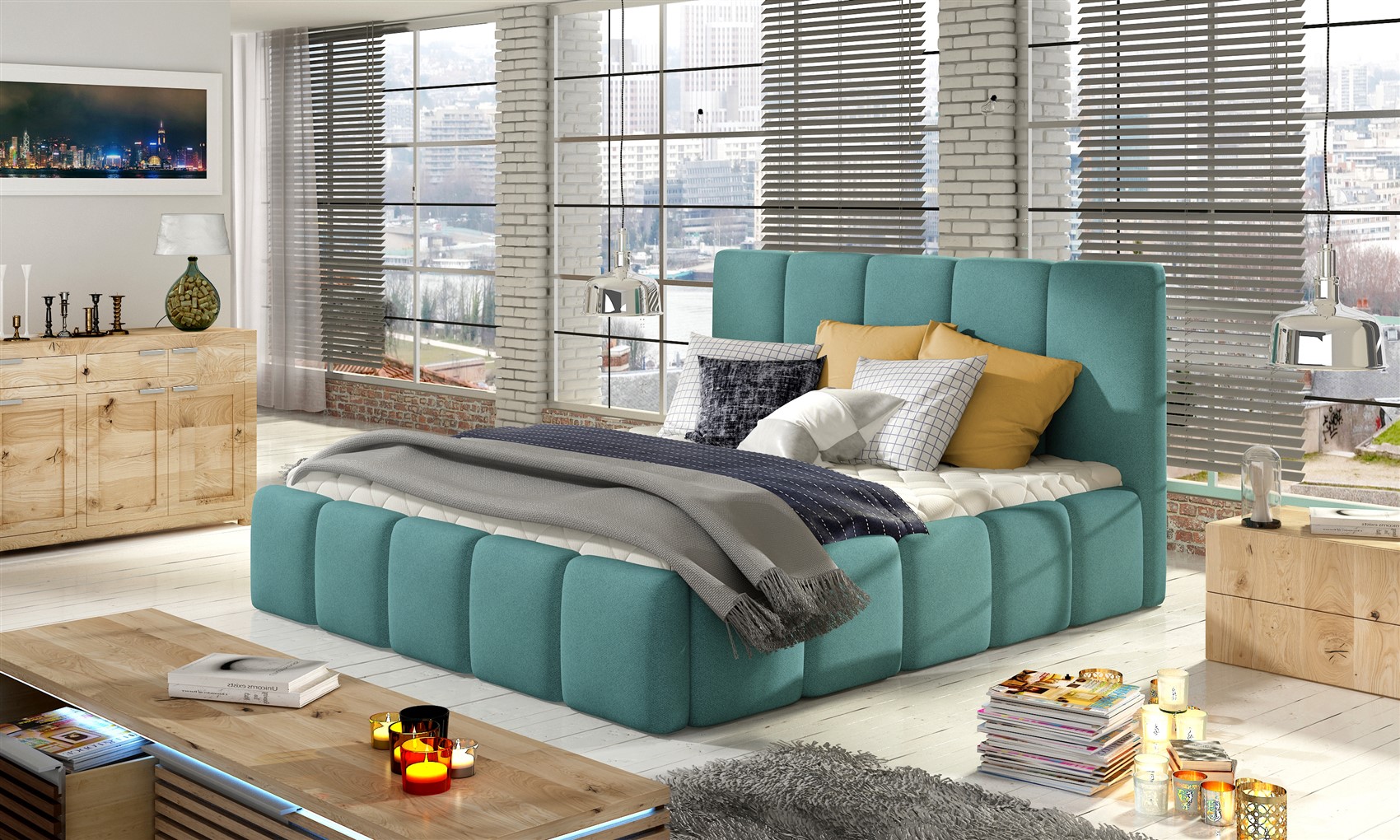 Polsterbett Bett Doppelbett VERONA Set 1 Polyesterstoff Mint 160x200cm ...