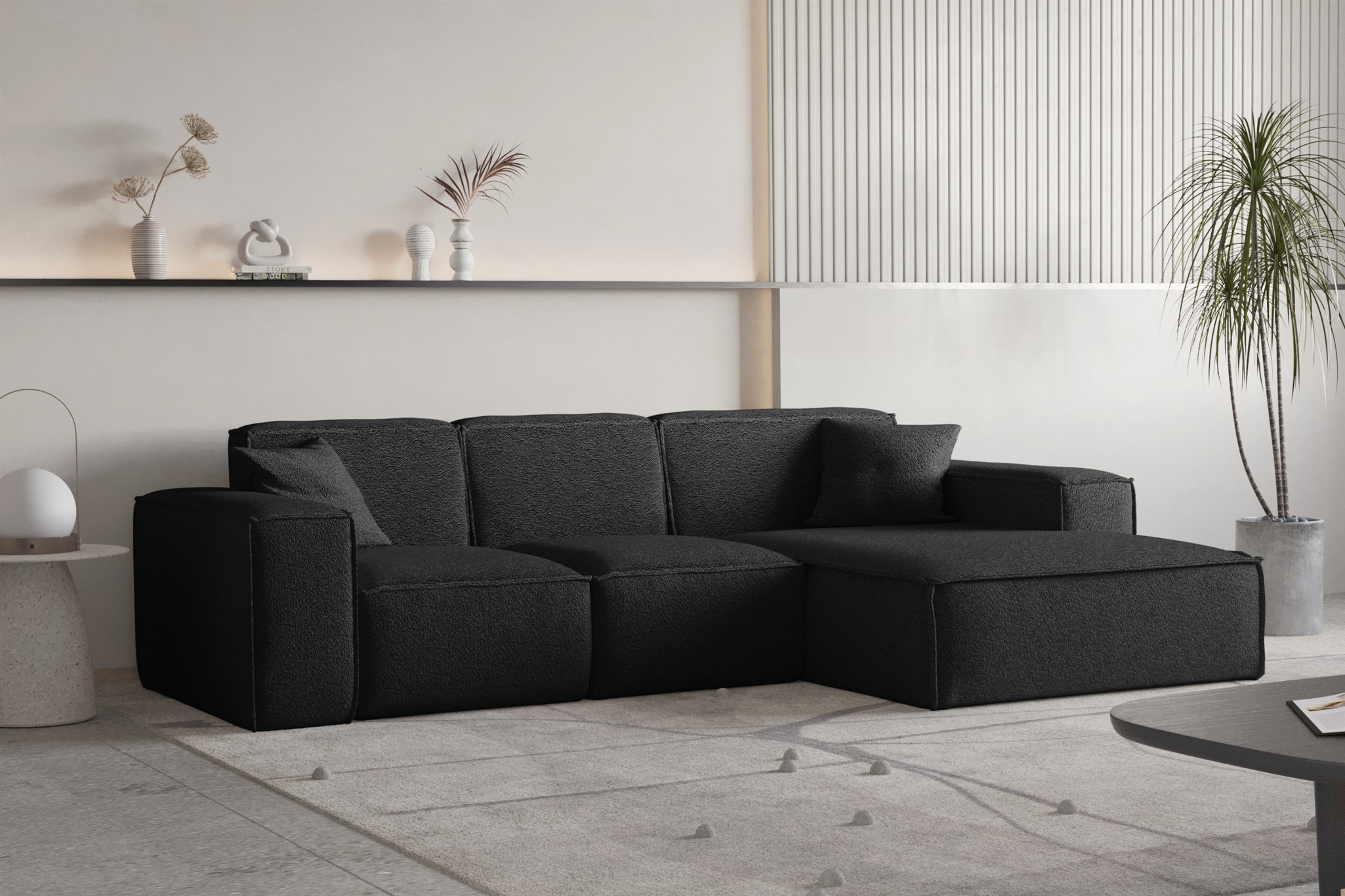 Ecksofa Designersofa CELES PREMIUM Stoff Ascot Bukla Schwarz Ottomane ...