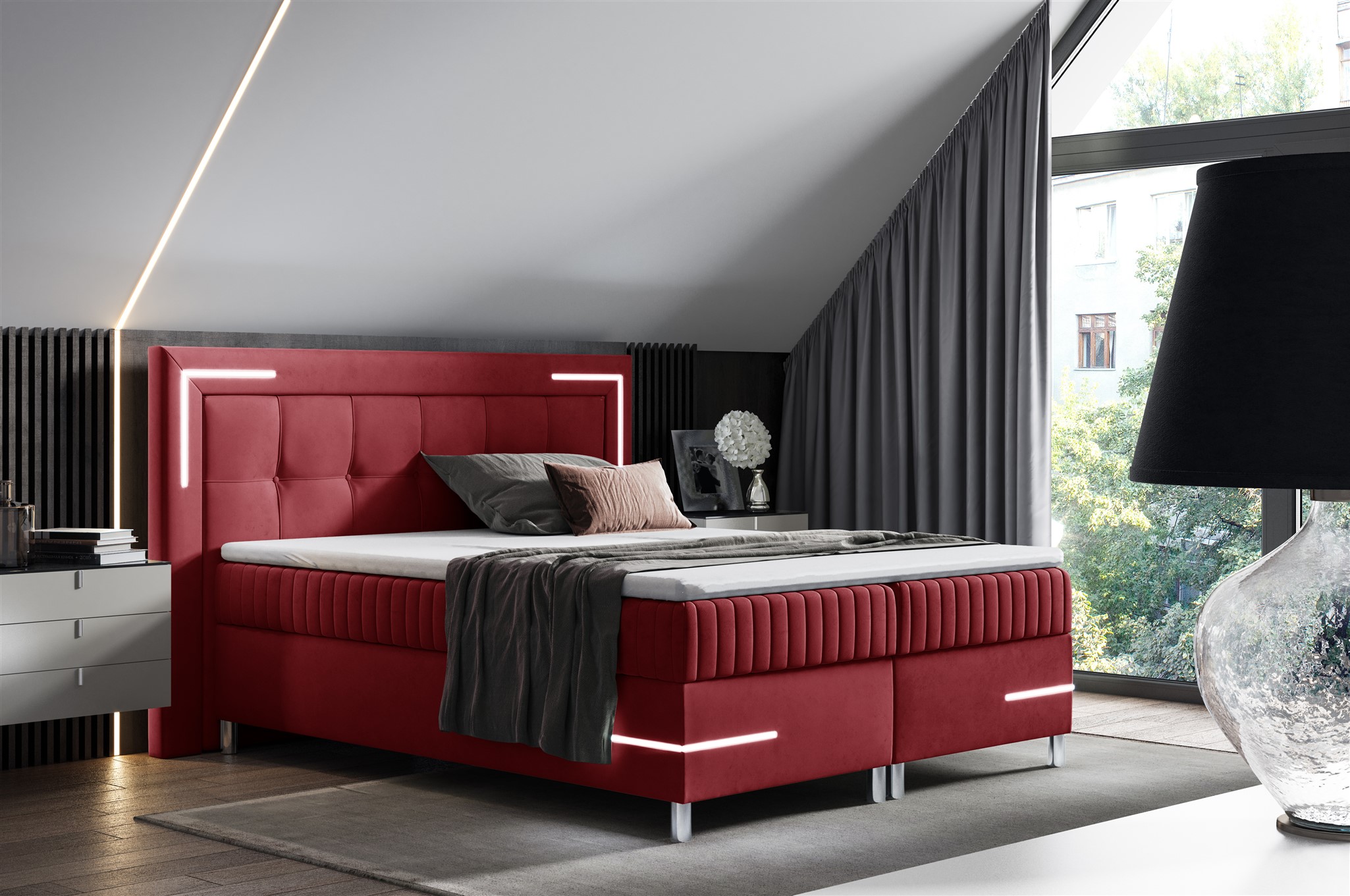 Boxspringbett Schlafzimmerbett 140x200cm AMORE Nr.1 Rot inkl. LED ...