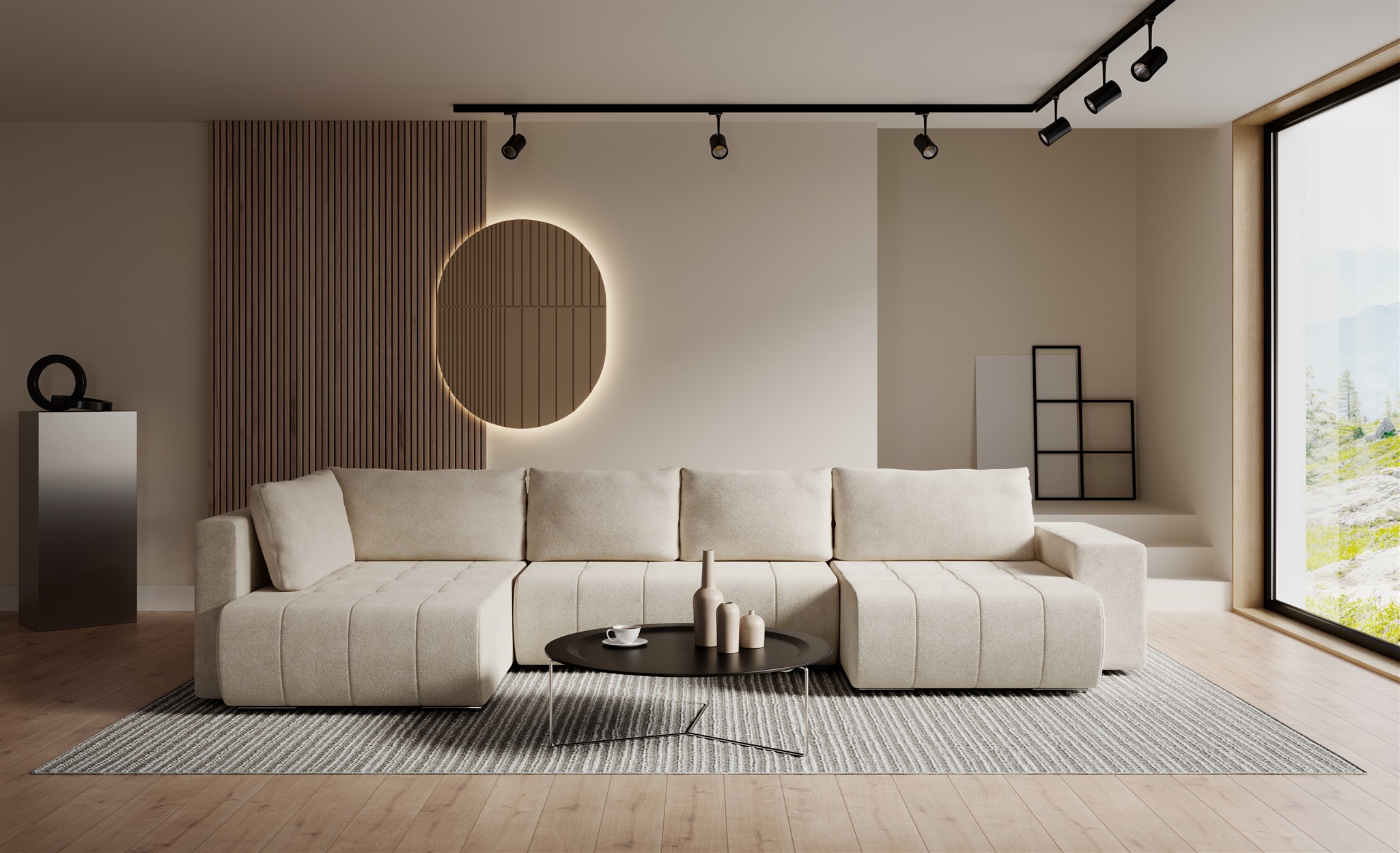 Wohnlandschaft Schlafsofa ARMANDA in Stoff Blur Creme langer Schenkel ...