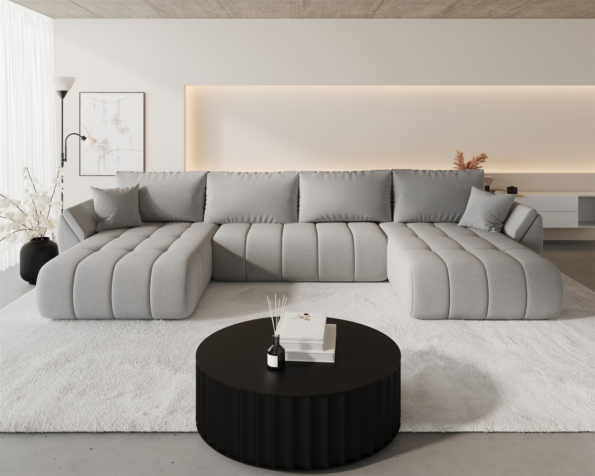 Wohnlandschaft Sofa mit Schlaffunktion MISATO Stoff Wind Hellgrau ...